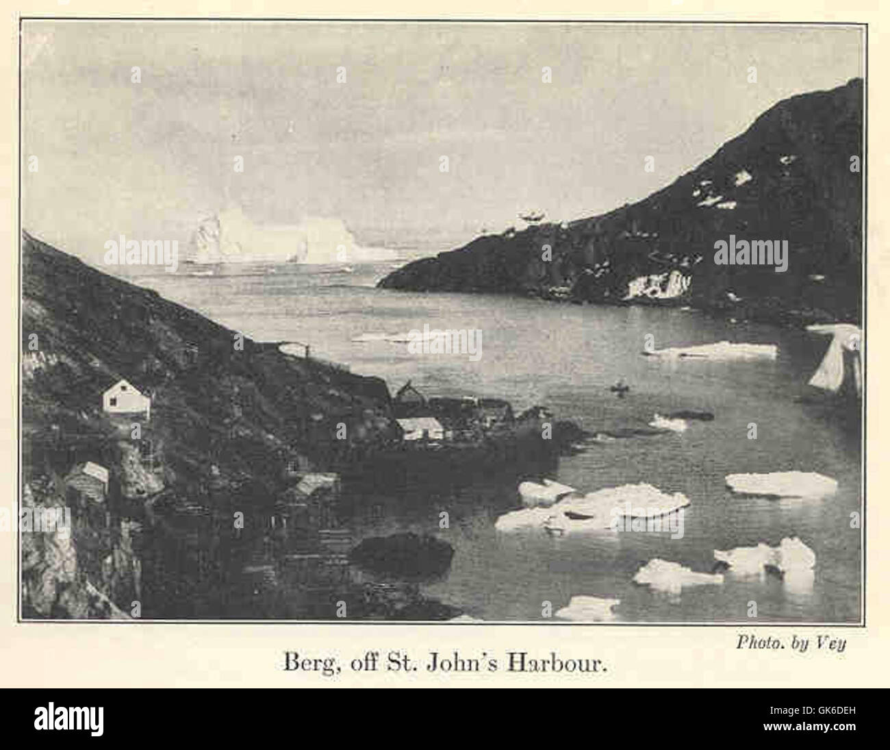 A berg (iceberg) off St John's Harbour is depicted, showing the massive ...