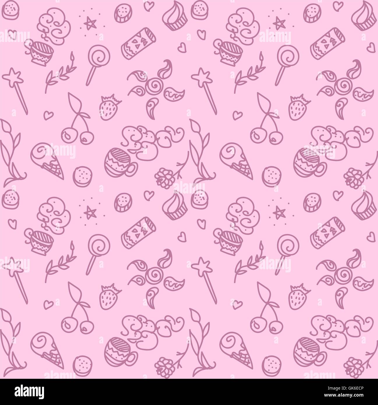 Vector pink seamless pattern with things from life: food, drink, magic ...