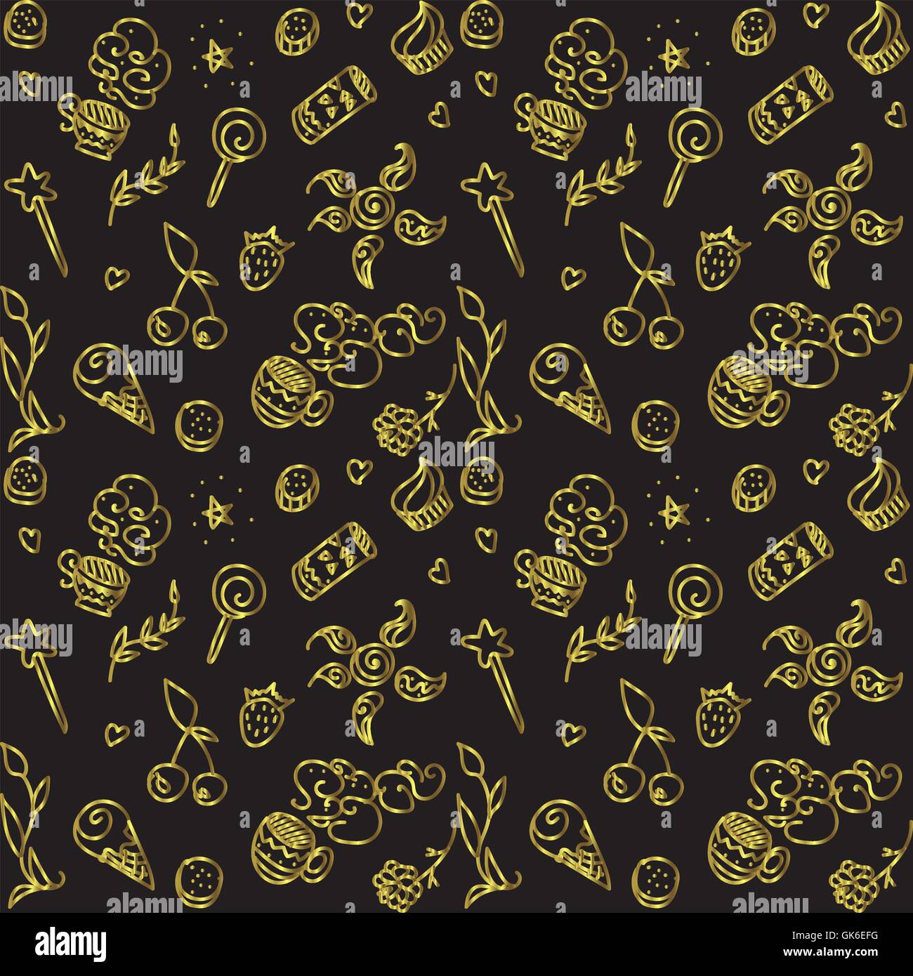 Vector gold seamless pattern with things from life: food, drink, magic ...