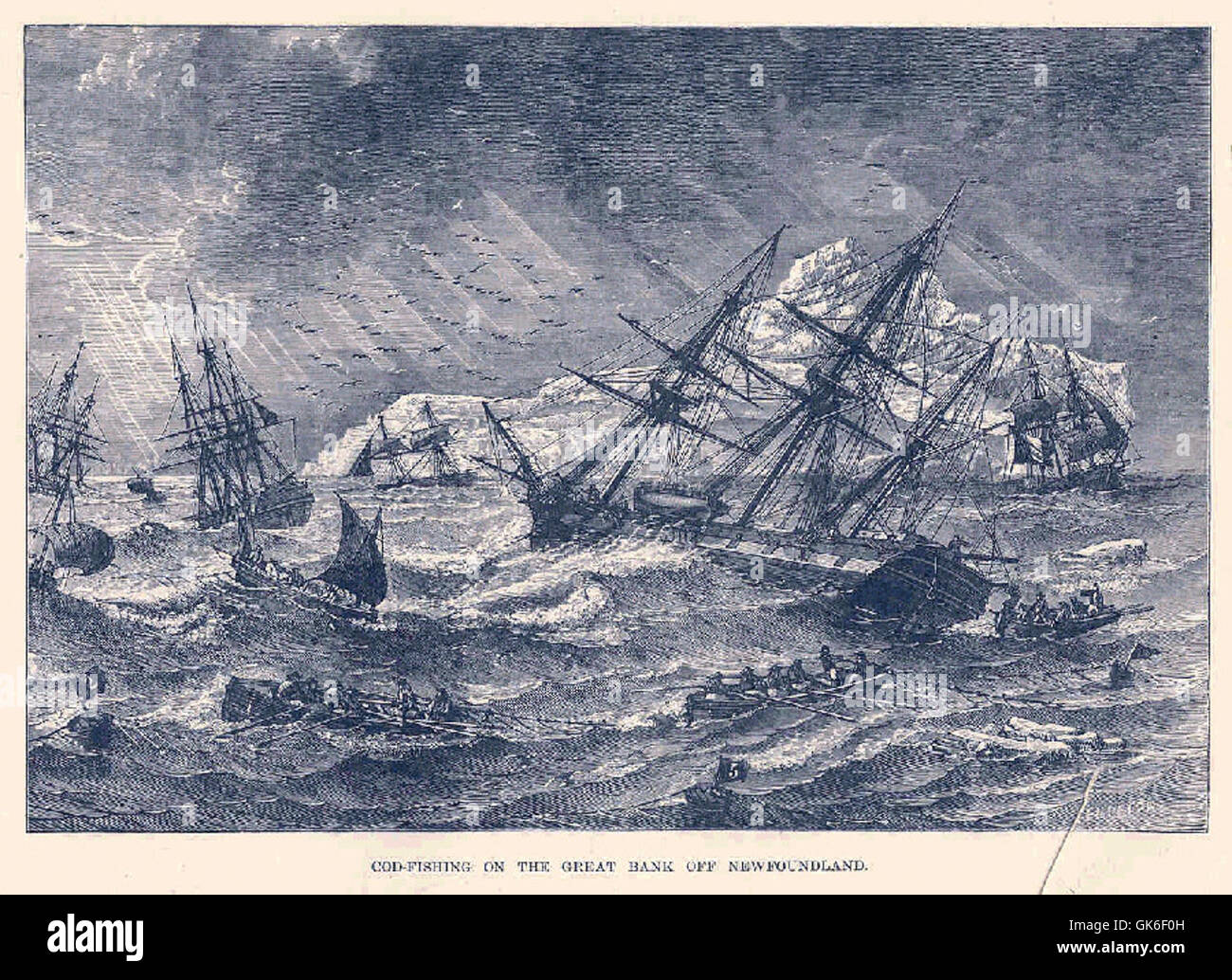 The image depicts cod-fishing on the Great Bank, a prime fishing area ...