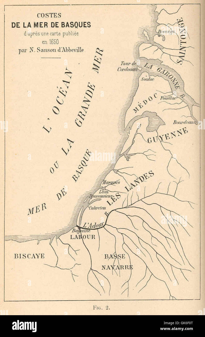 A historical map of the Basque Coast of France, published in 1650 by N ...