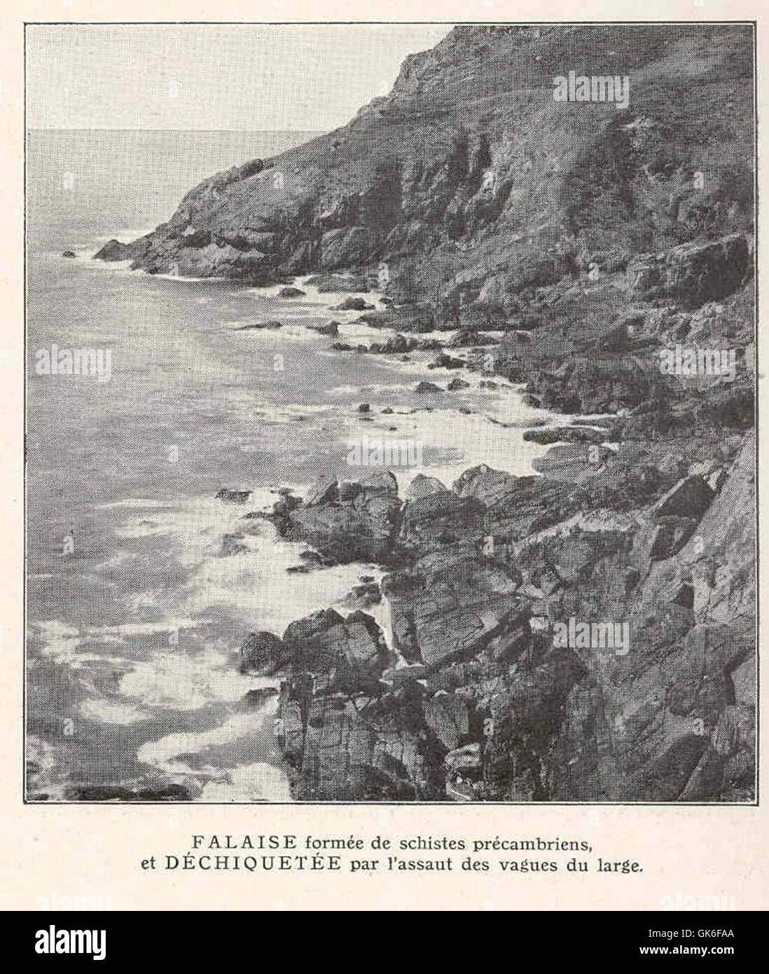 The image depicts a cliff formed from Precambrian schist, eroded by the ...