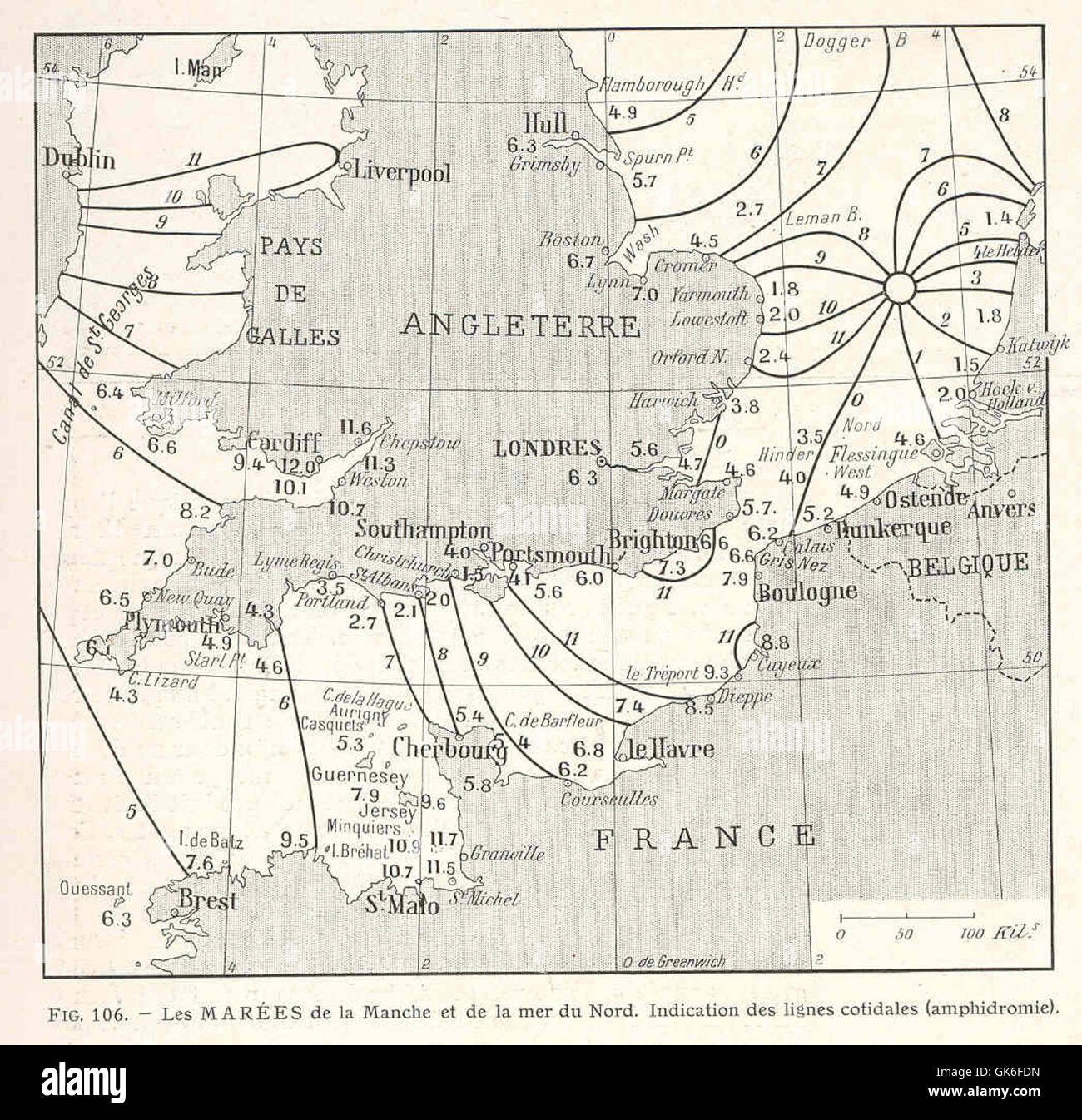 This map shows the tidal lines (amphidromy) of the English Channel (La ...