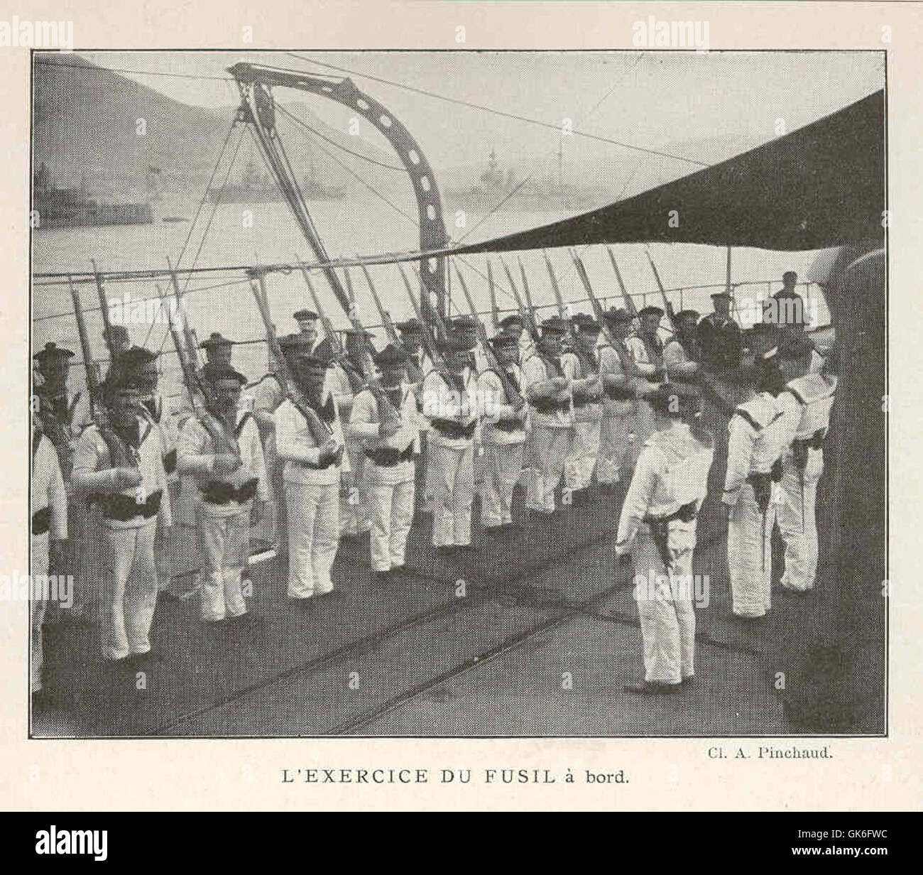 This photograph shows a rifle drill (exercice du fusil) aboard a vessel ...