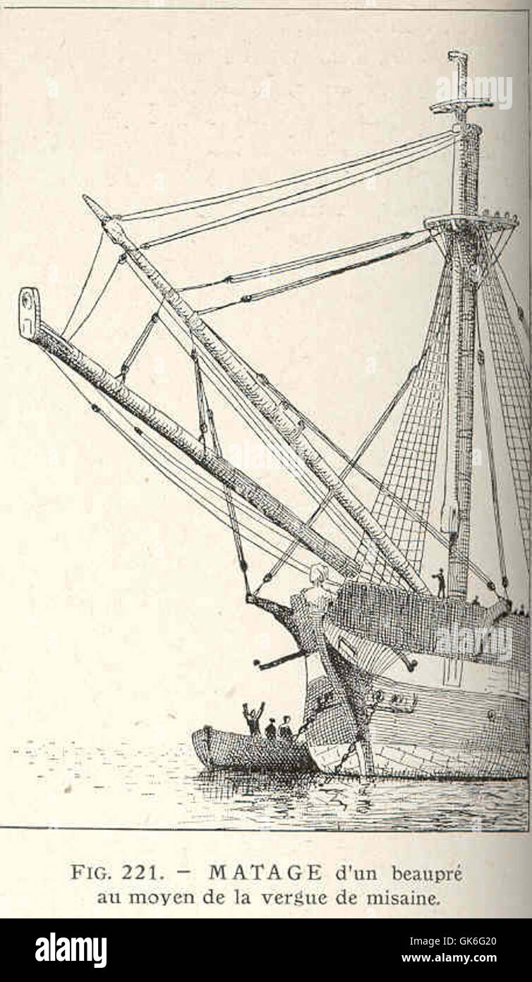 This image depicts the process of rigging a bowsprit using the foremast ...