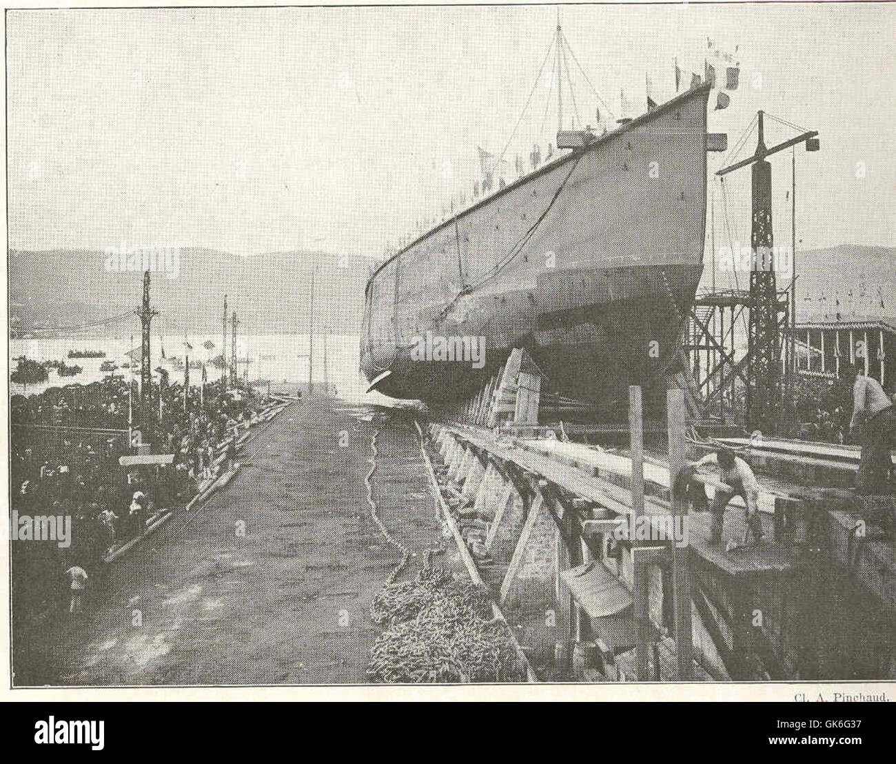 The *Voltaire*, a French warship, is shown launching with its cradle ...