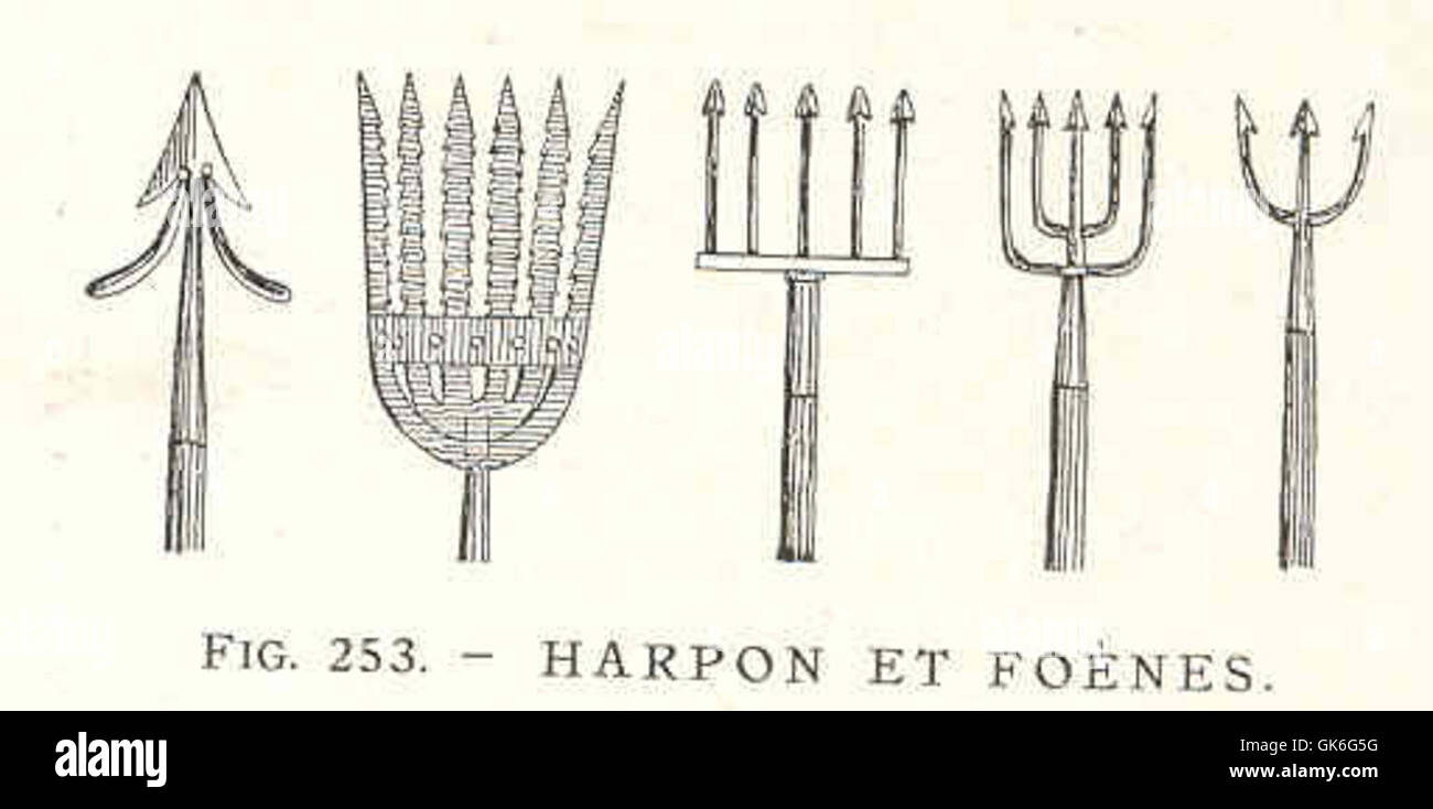 A depiction of a harpoon and foenes, tools traditionally used in ...