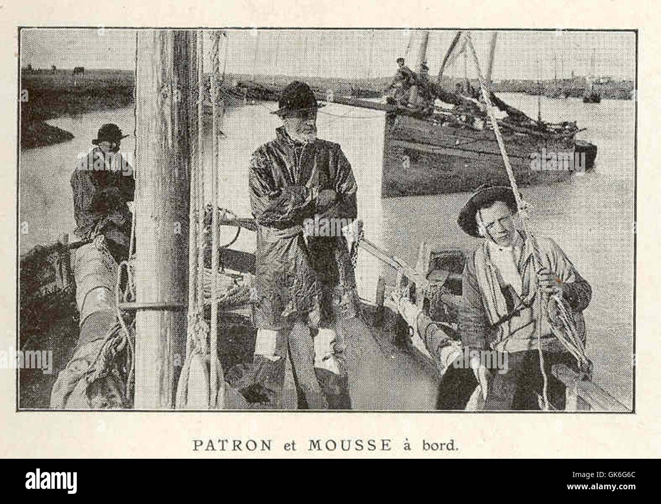 This image depicts a ship's crew aboard a vessel, likely a traditional ...