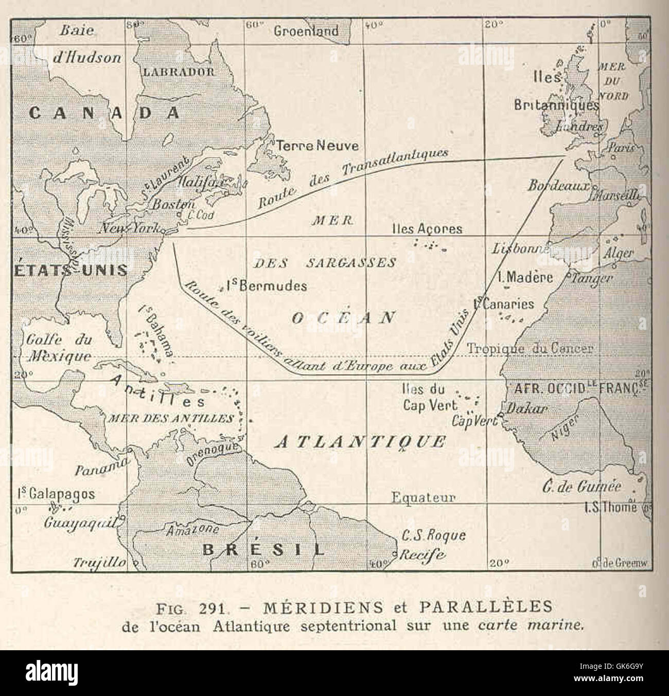 This historical map shows the meridians and parallels of the North ...
