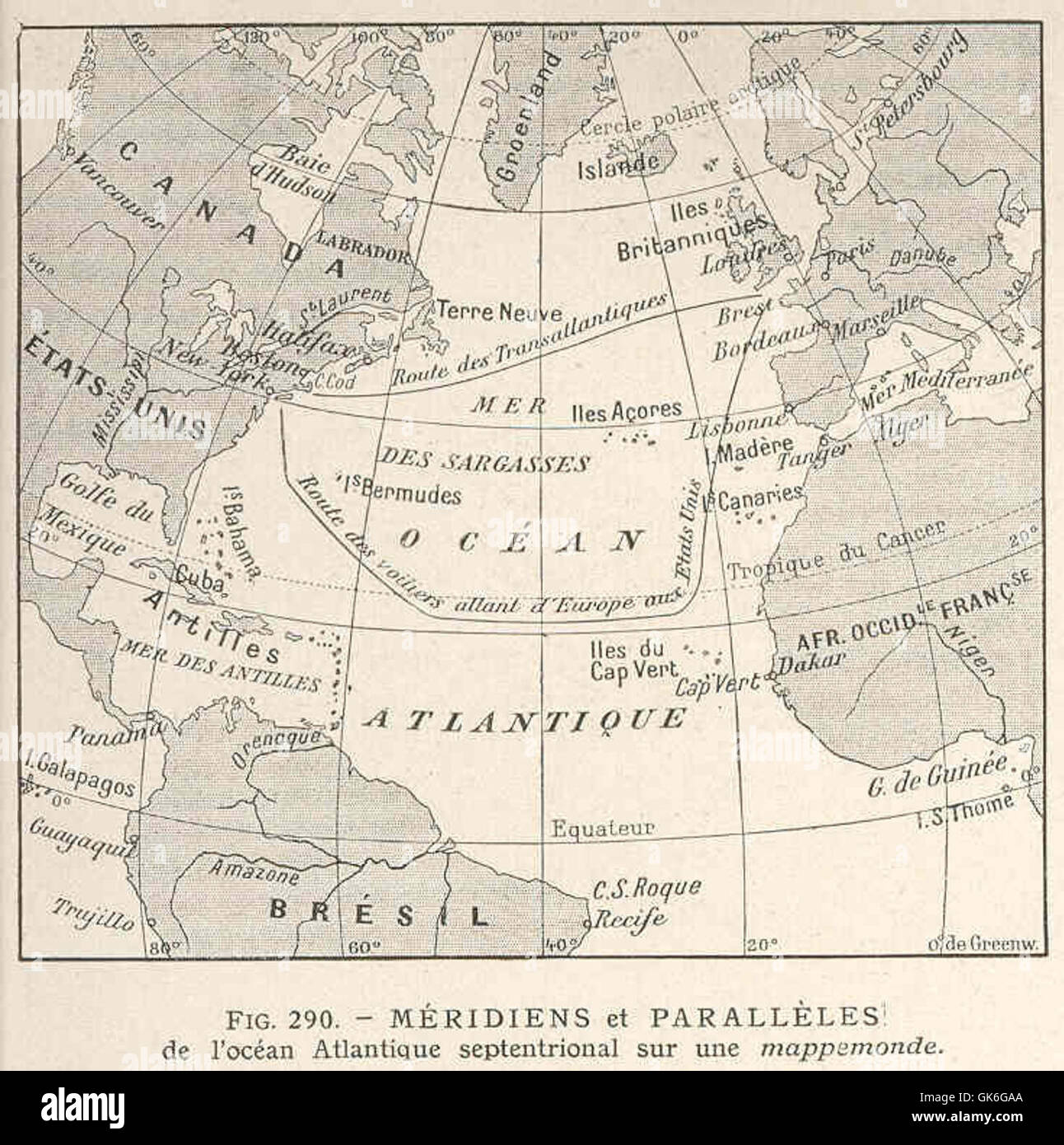 This map shows the meridians and parallels of the North Atlantic Ocean ...