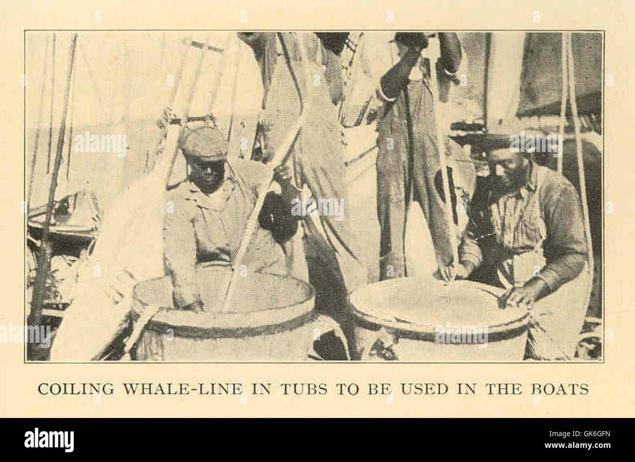 The image shows the process of coiling whale-line into tubs, a ...