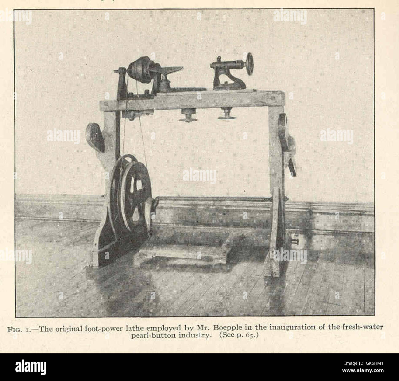 This historical image shows the foot-powered lathe used by Mr. Boepple ...