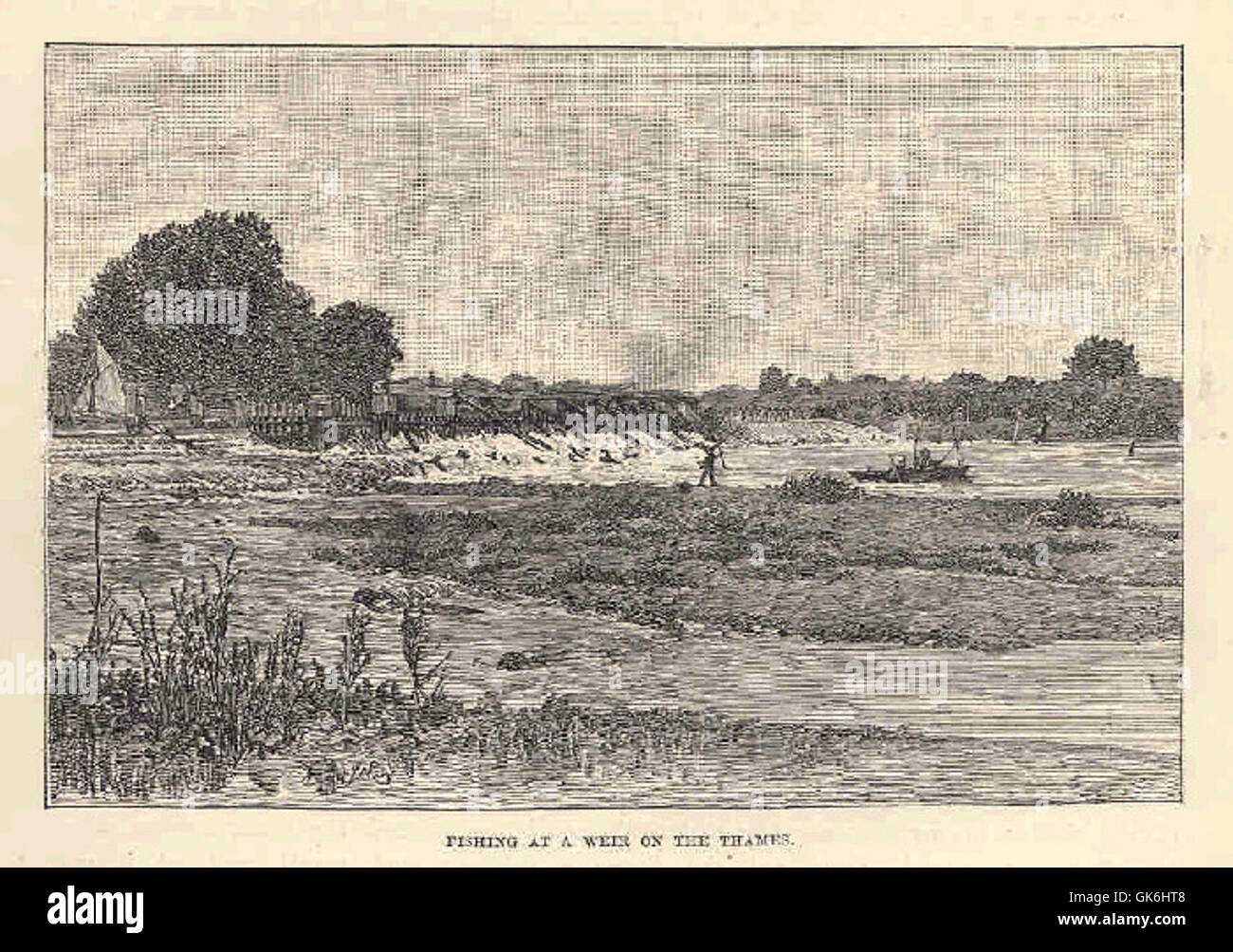 Fishing at a traditional weir on the River Thames, a method used for ...