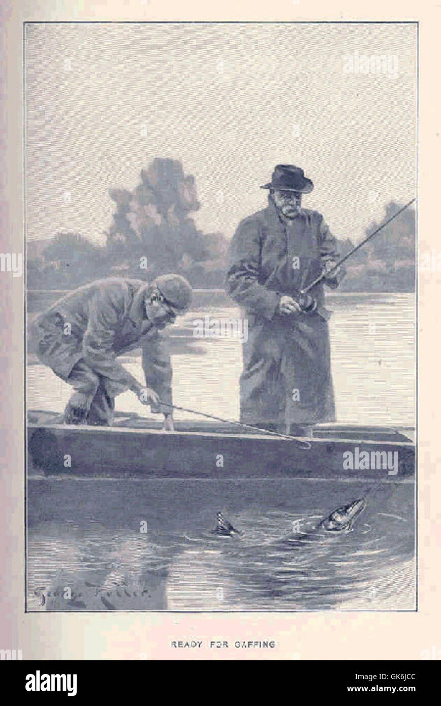 The image shows a fisherman preparing to use a gaff, a tool for landing ...