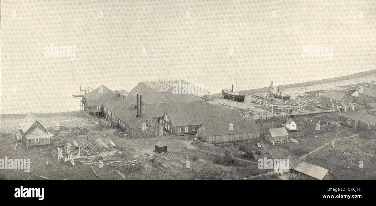 The image depicts a cannery located at Pyramid Harbor, highlighting the ...