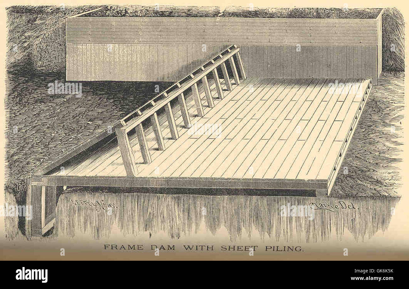 The image shows a frame dam with sheet piling, an engineering structure ...