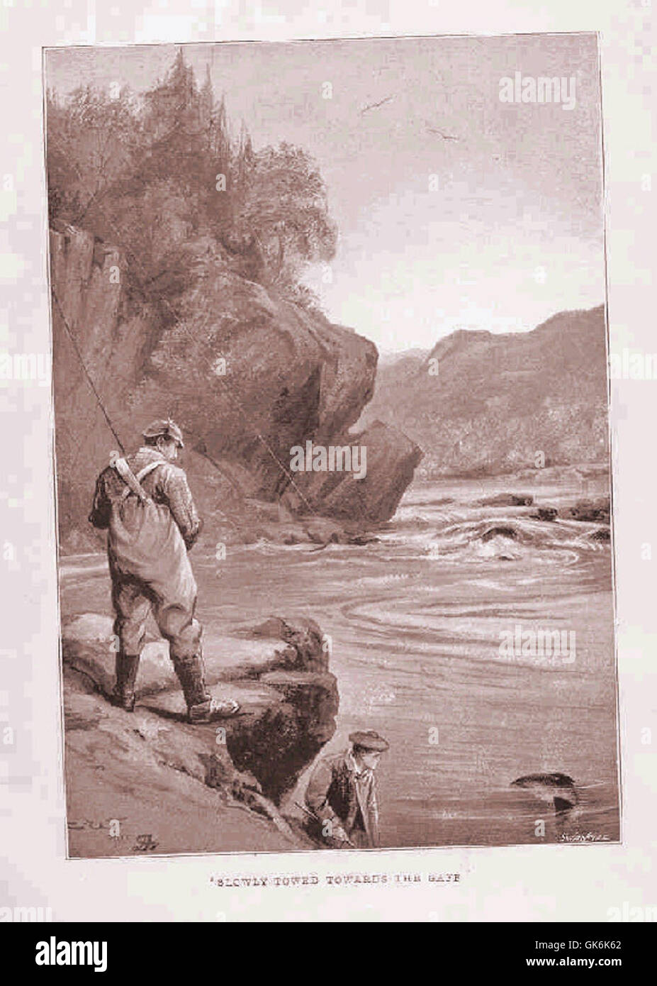 The scene depicts a traditional fishing method where a fish is slowly ...