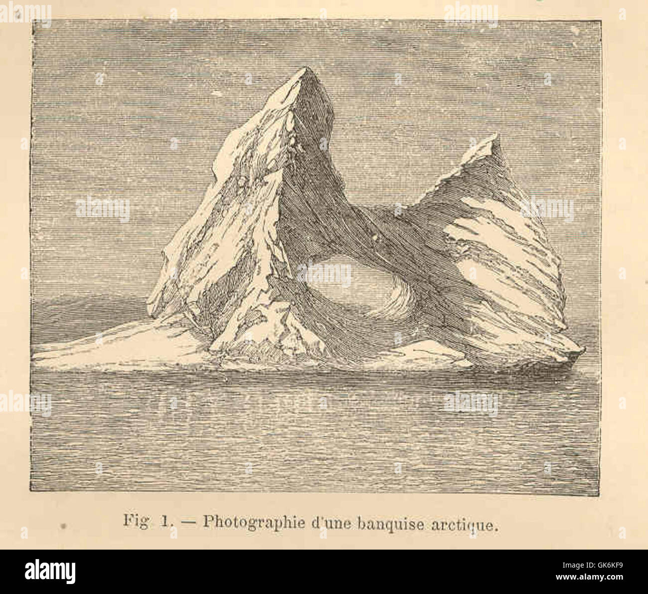 A photograph of an Arctic ice shelf (*banquise arctique*), capturing ...