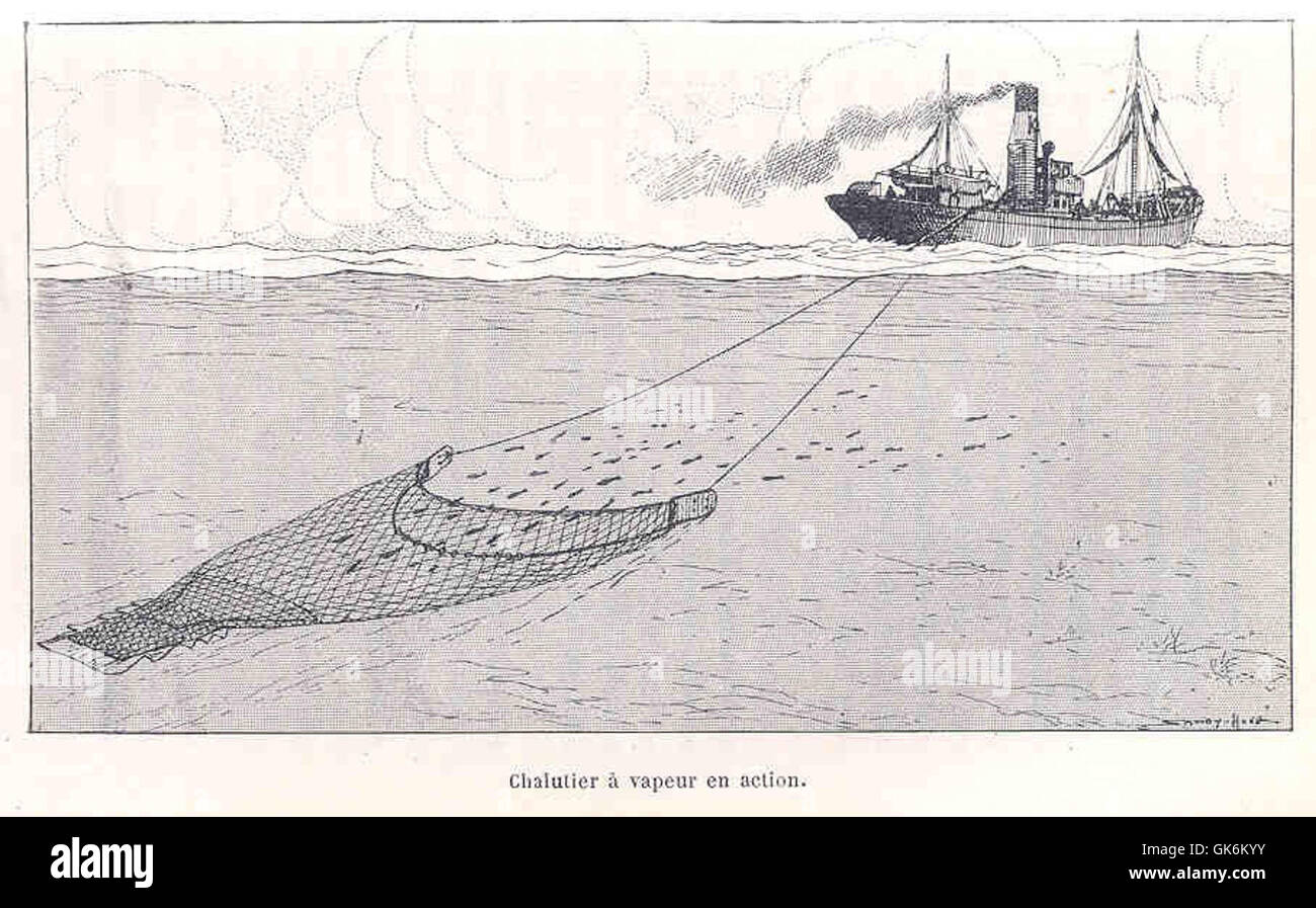 A steam trawler in action, actively engaged in fishing operations. The ...