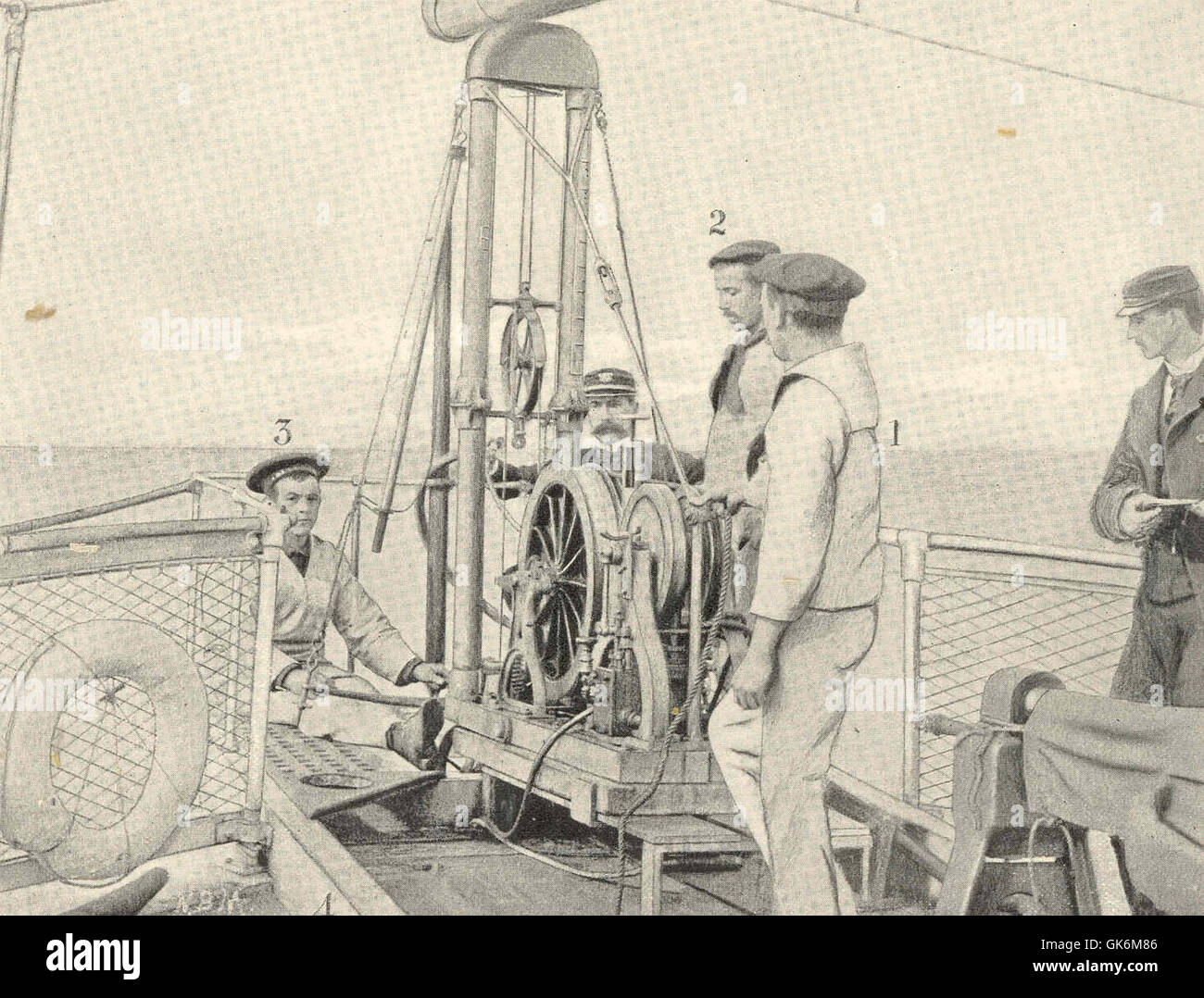 The Sigsbee Sounding Machine is shown with a wire being lowered into ...