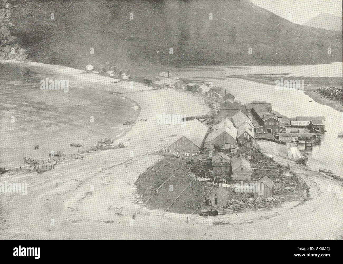 The Karluk Peninsula in Alaska is depicted with its canneries, seining ...