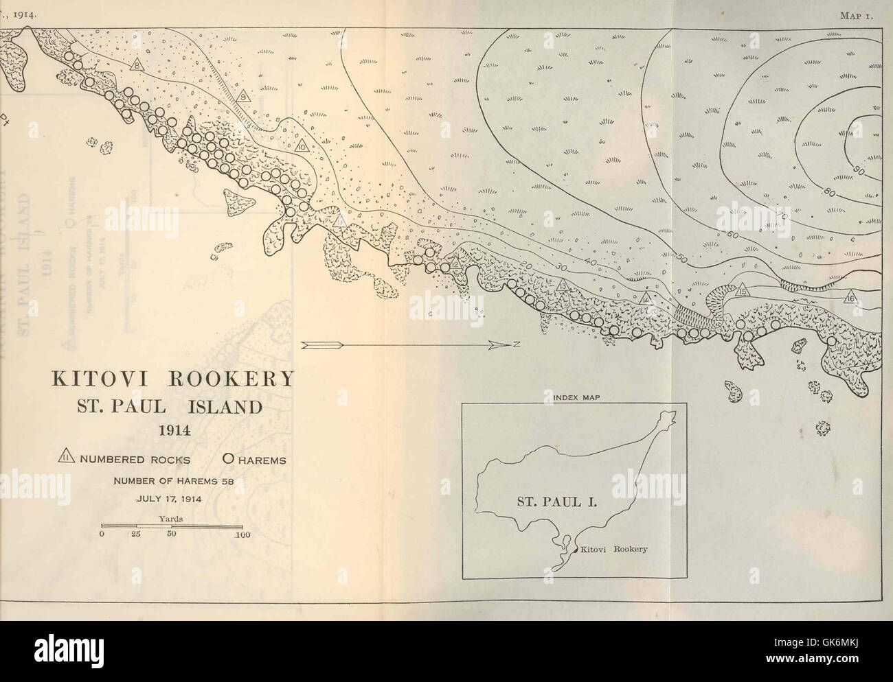 The Kitovi Rookery on St. Paul Island, photographed in 1914, is a ...