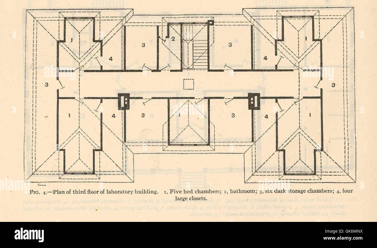 This architectural plan illustrates the layout of the third floor of a ...