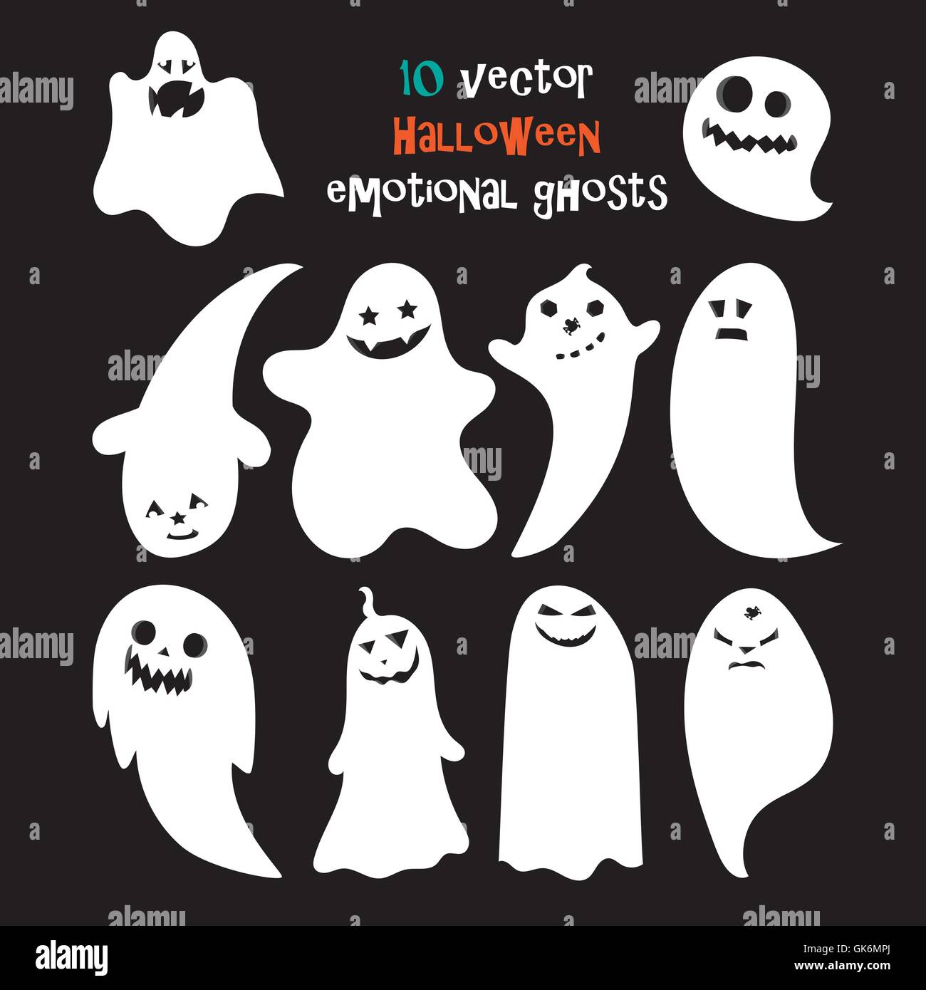 Set of halloween emotional ghosts isolated on black background Stock ...