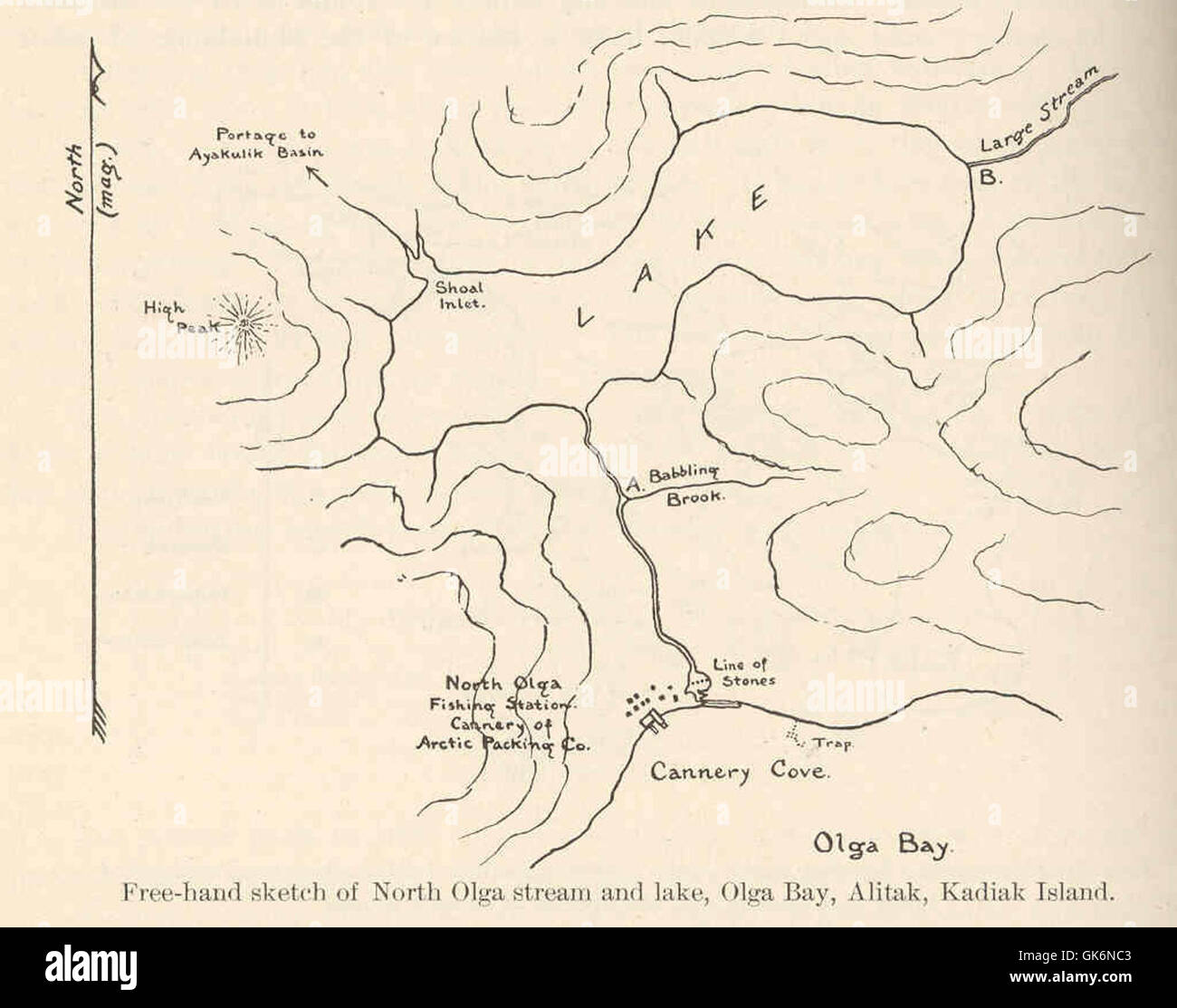 This free-hand sketch depicts the North Olga stream and lake near Olga ...