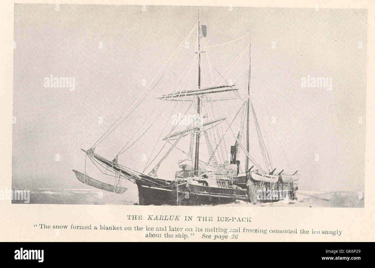 This image depicts the Karluk in the ice pack, with snow covering the ...