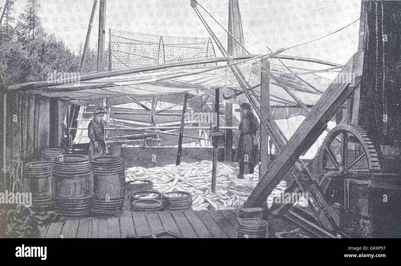 The scow fish wheel, a traditional fishing device, is shown in ...