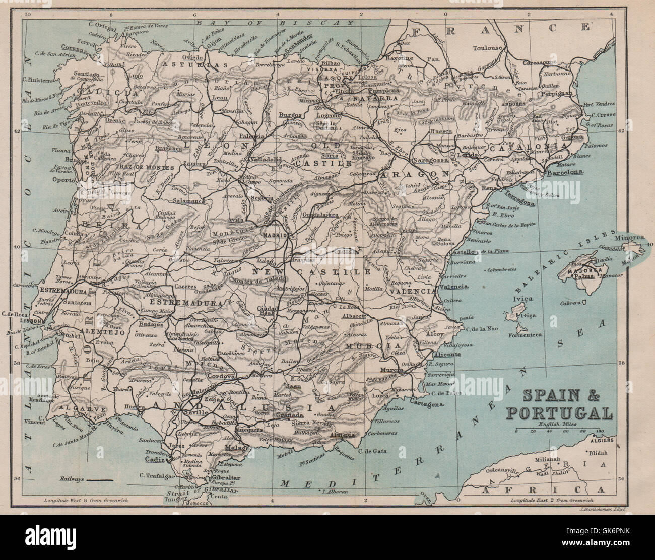 SPAIN & PORTUGAL. Iberia railways, 1885 antique map Stock Photo - Alamy