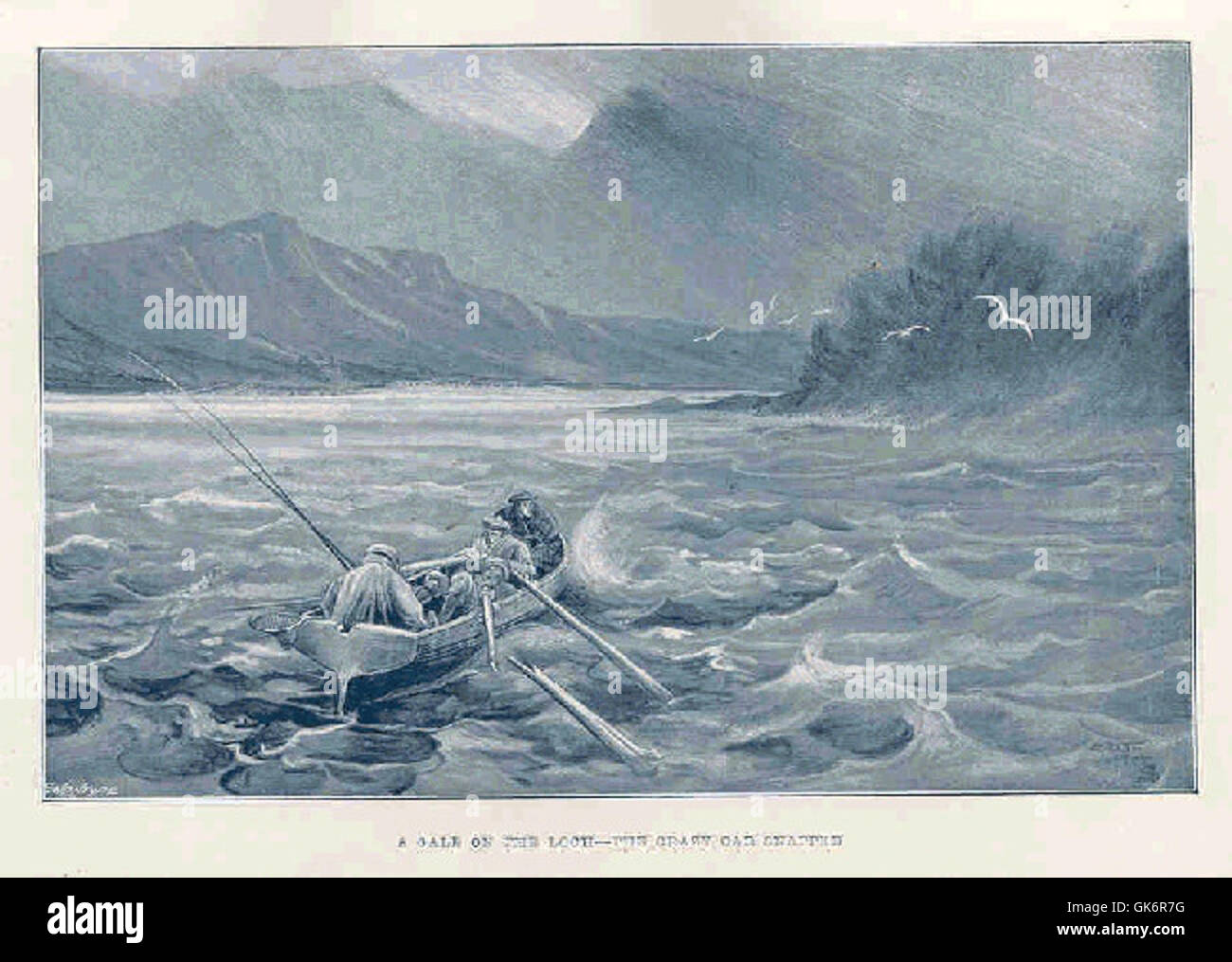 This image portrays a gale occurring over a loch, a type of large ...