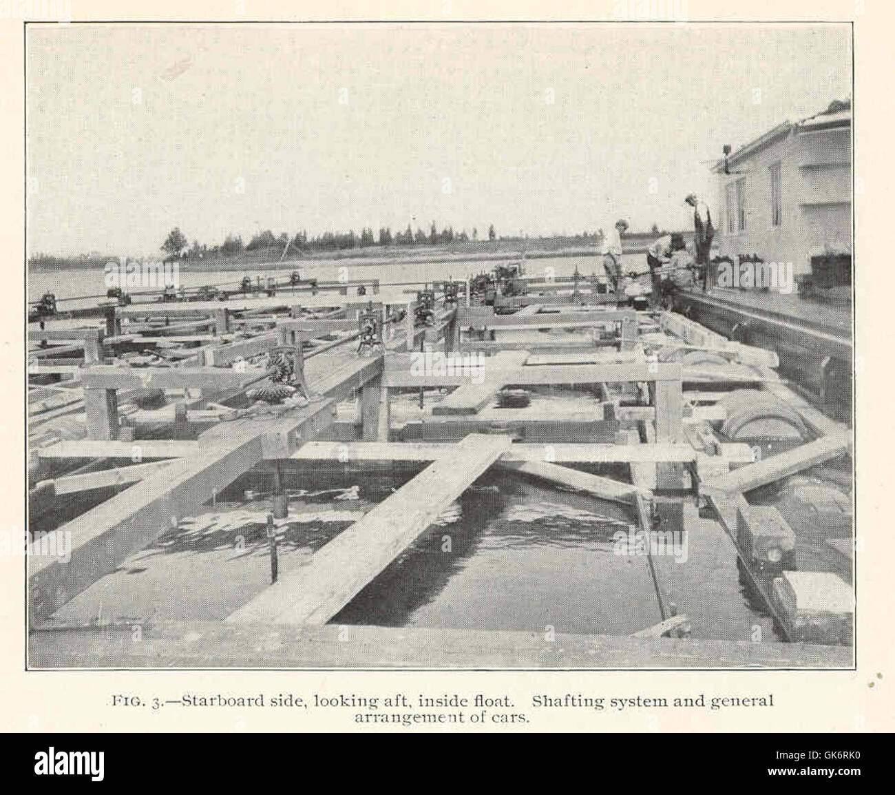 This image shows the starboard side of a ship, looking aft, with a view ...
