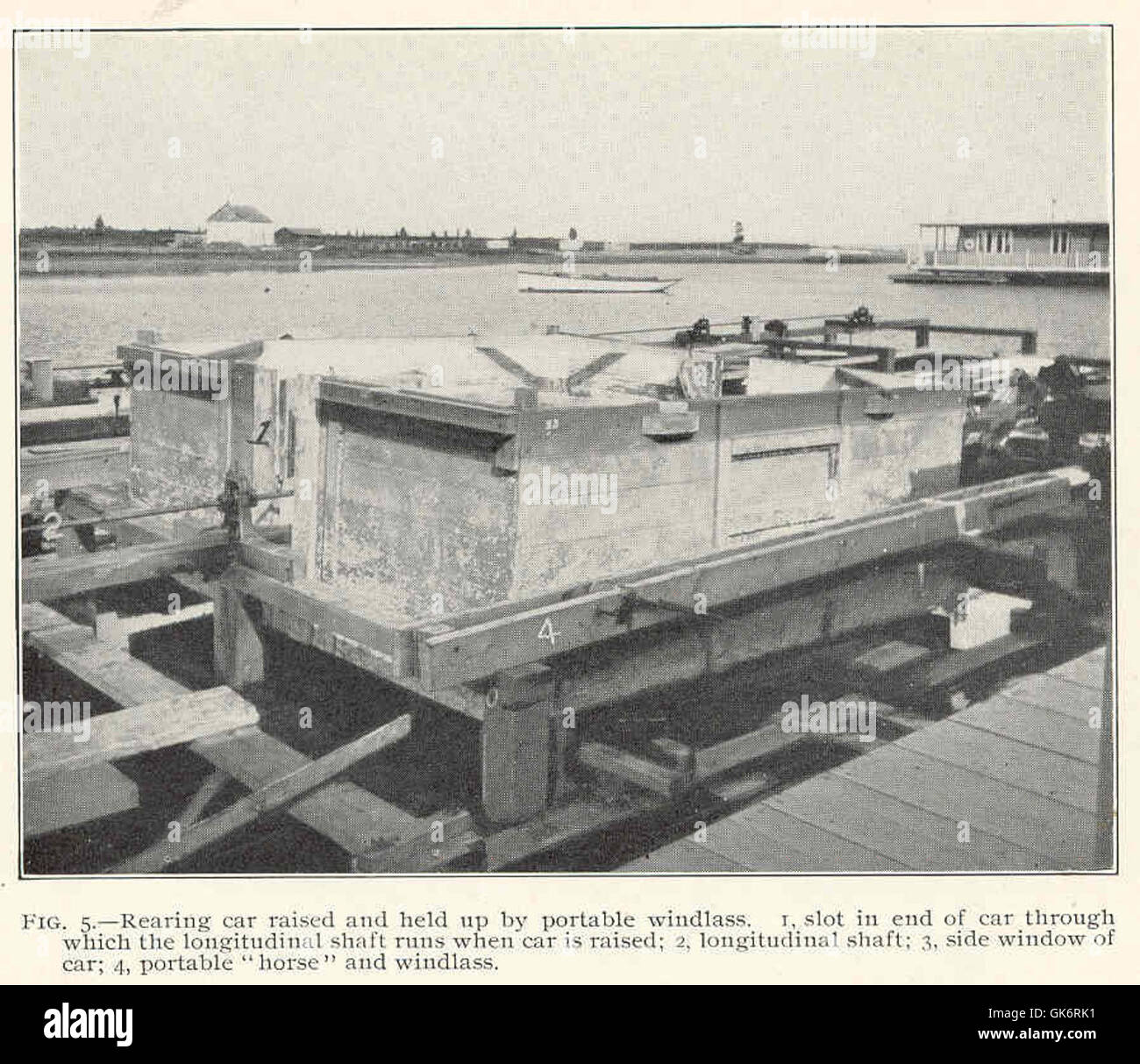A rearing car used in fishery management, lifted by a portable windlass ...