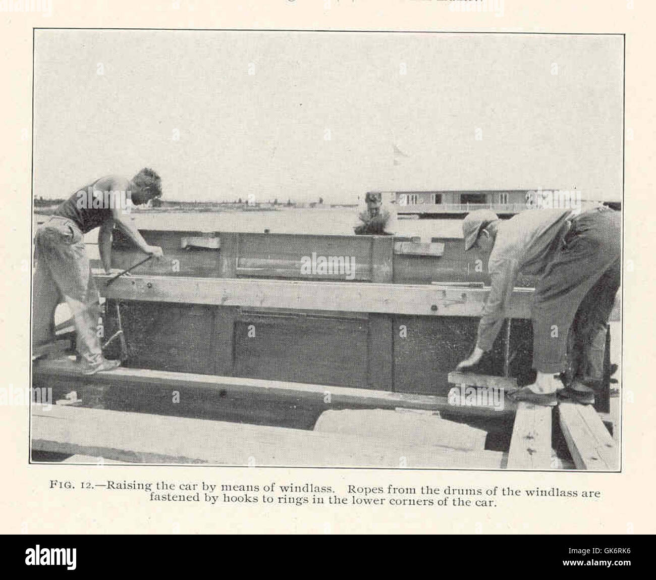 This image shows the use of a windlass to raise a car. Repes (ropes ...