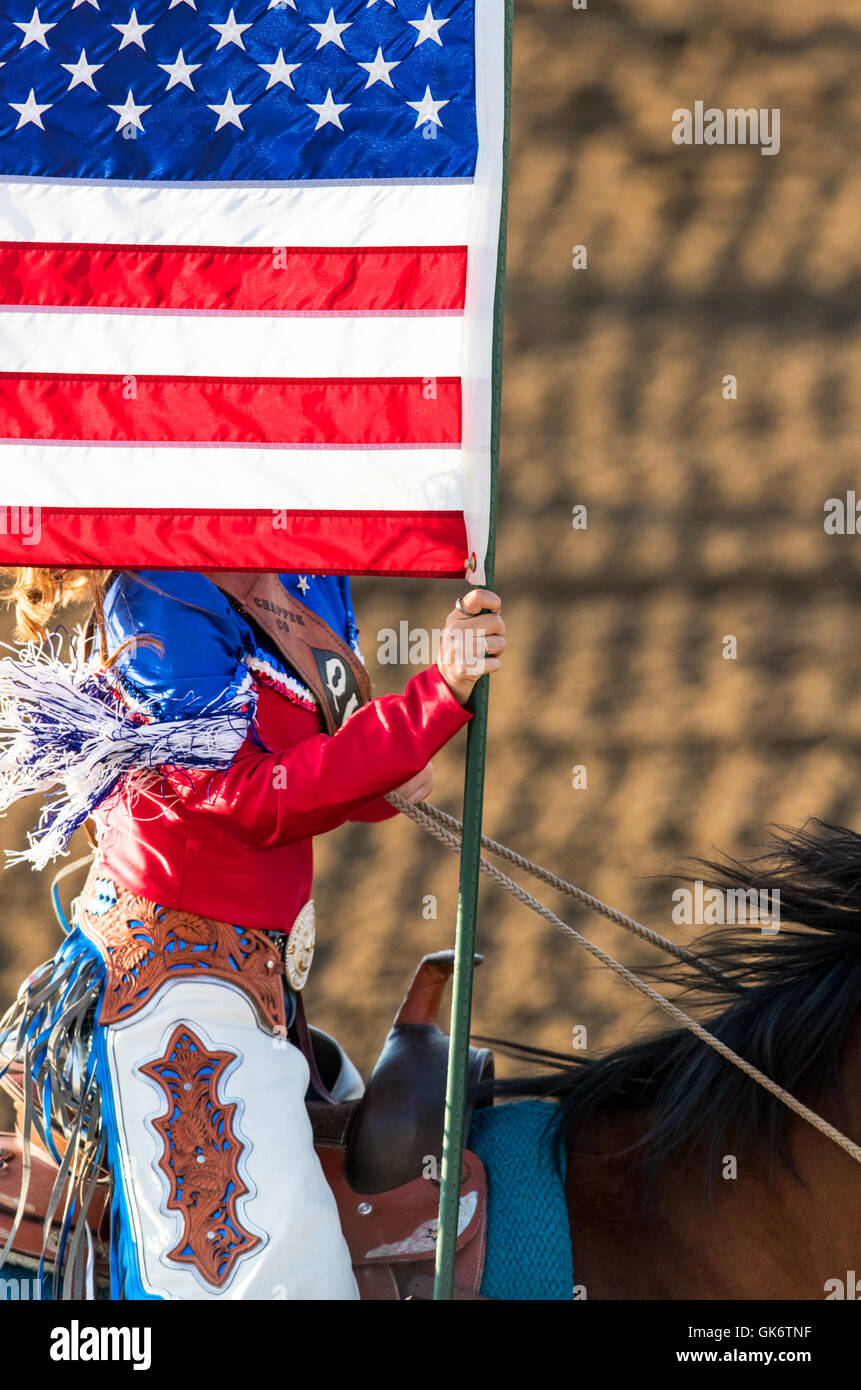 Rodeo Queen on horseback with American Flag; Chaffee County Fair ...