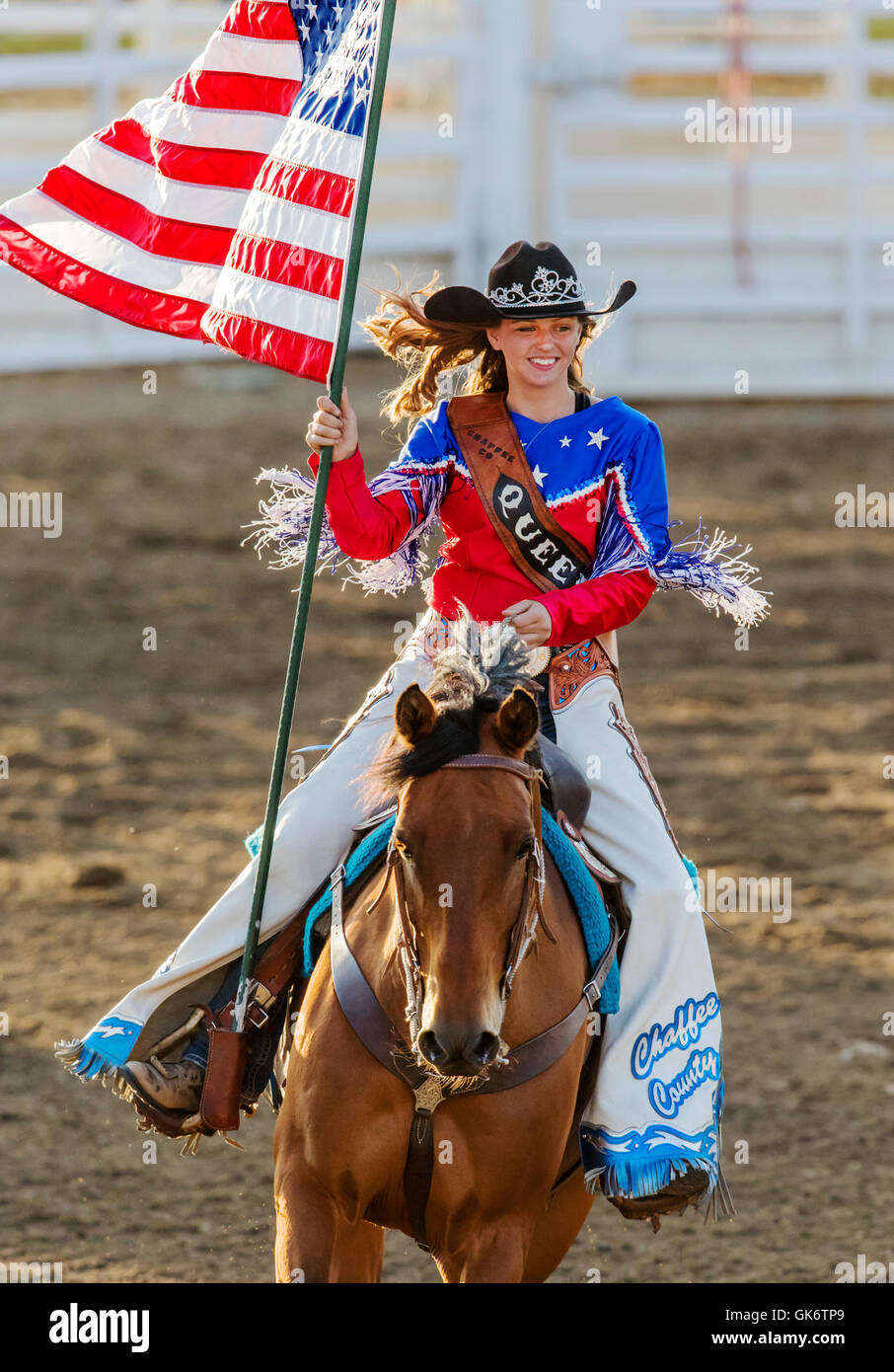 Rodeo Queen on horseback with American Flag; Chaffee County Fair ...