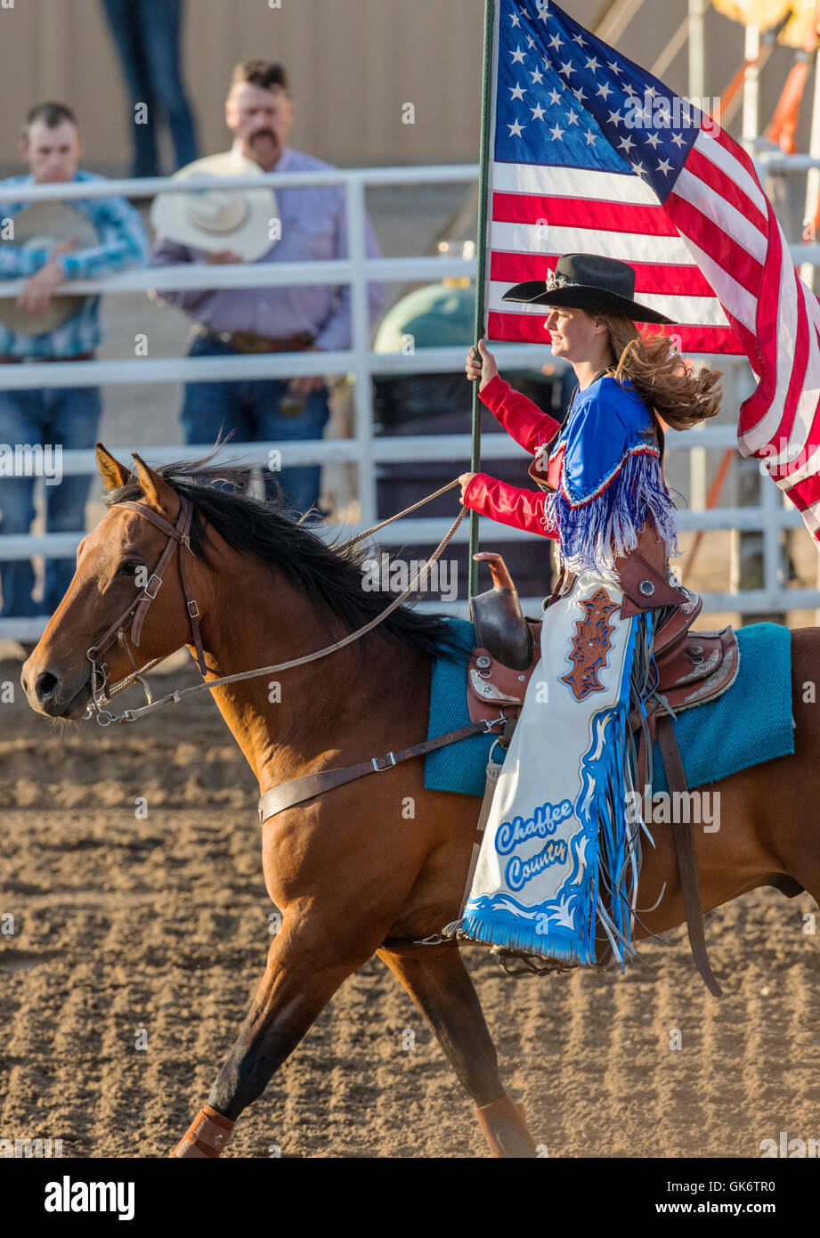 Rodeo Queen on horseback with American Flag; Chaffee County Fair ...