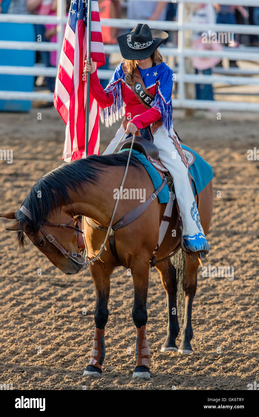 Rodeo Queen on horseback with American Flag; Chaffee County Fair ...