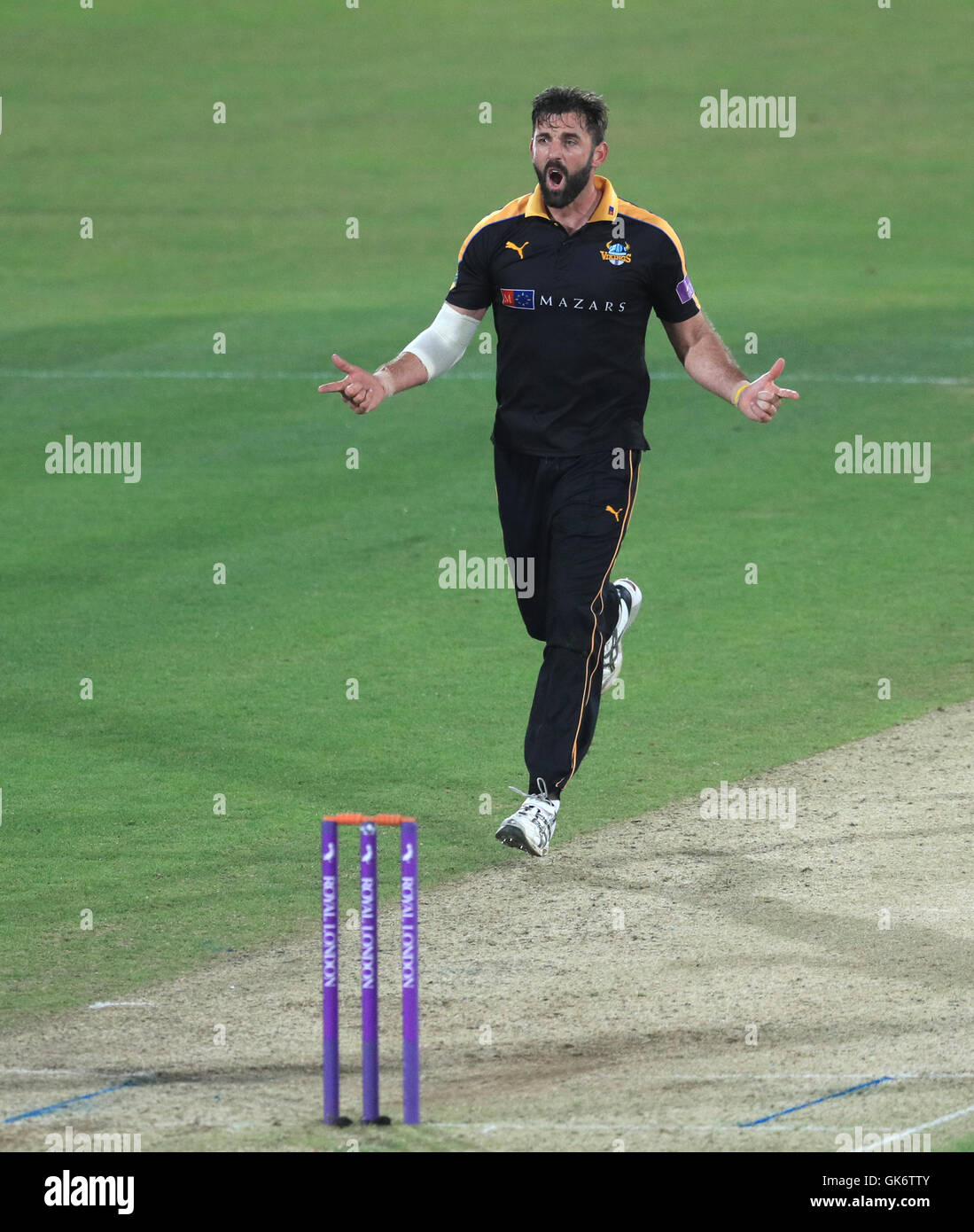 Yorkshire's Liam Plunkett celebrates a caught and bowled of kent's Will ...