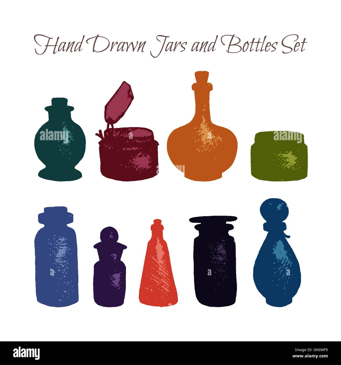 Hand drawn isolated vintage glass jars and bottles set. Containers for ...