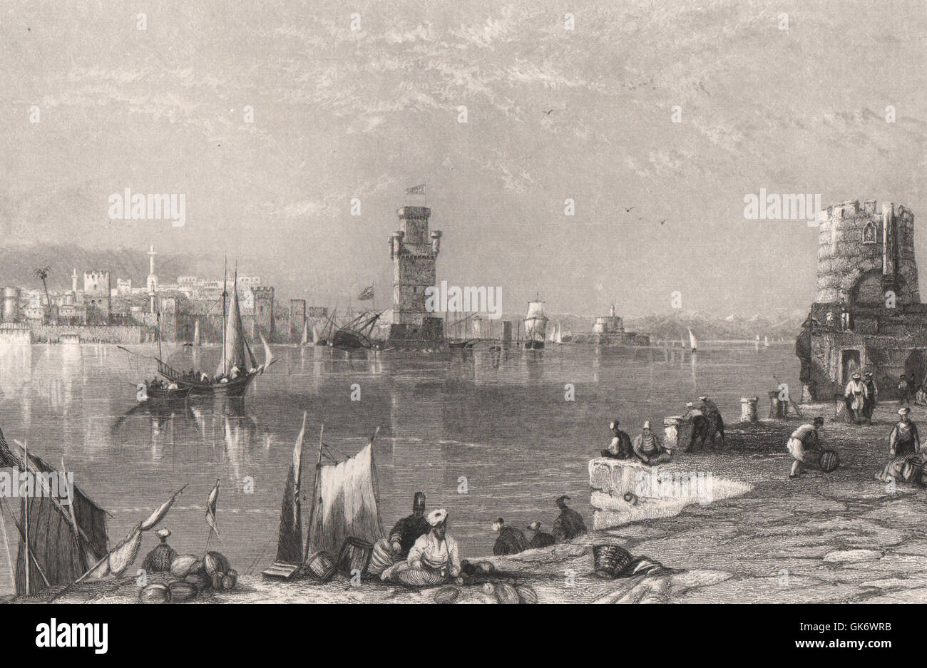 The new harbour at Rhodes, Greece, antique print 1840 Stock Photo - Alamy