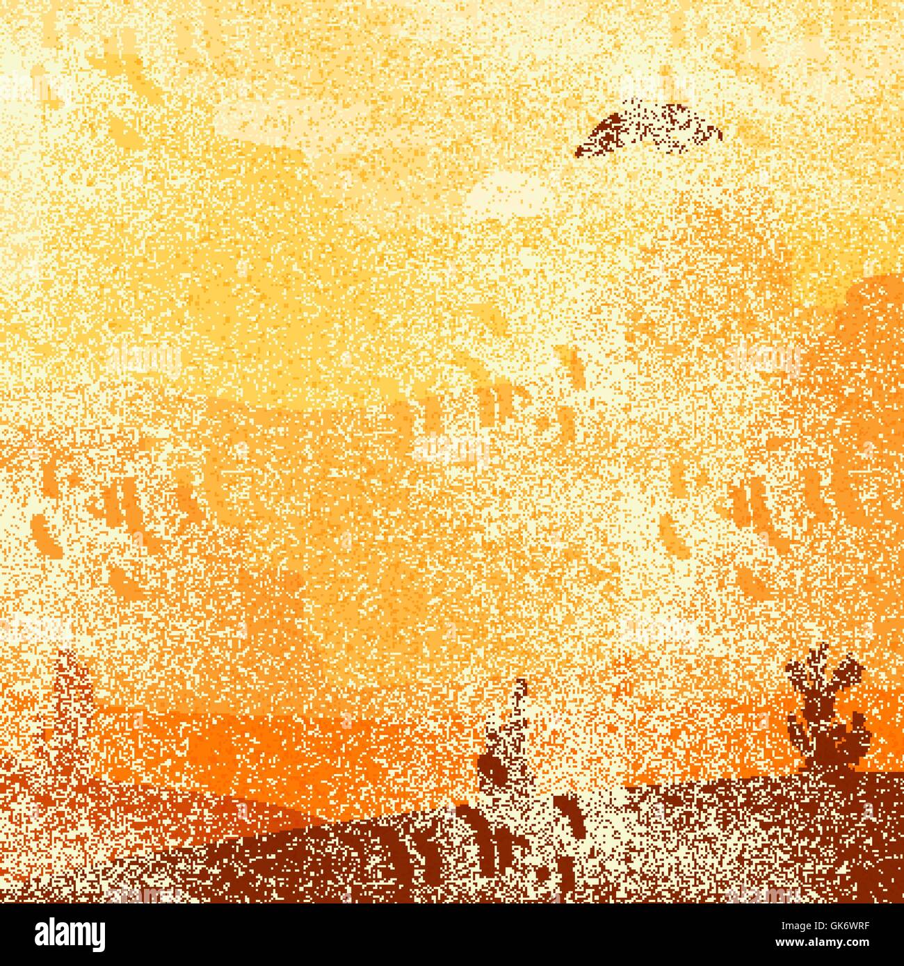 Retro Wild West Desert. Vintage sunset in prairie with cacti and eagle ...