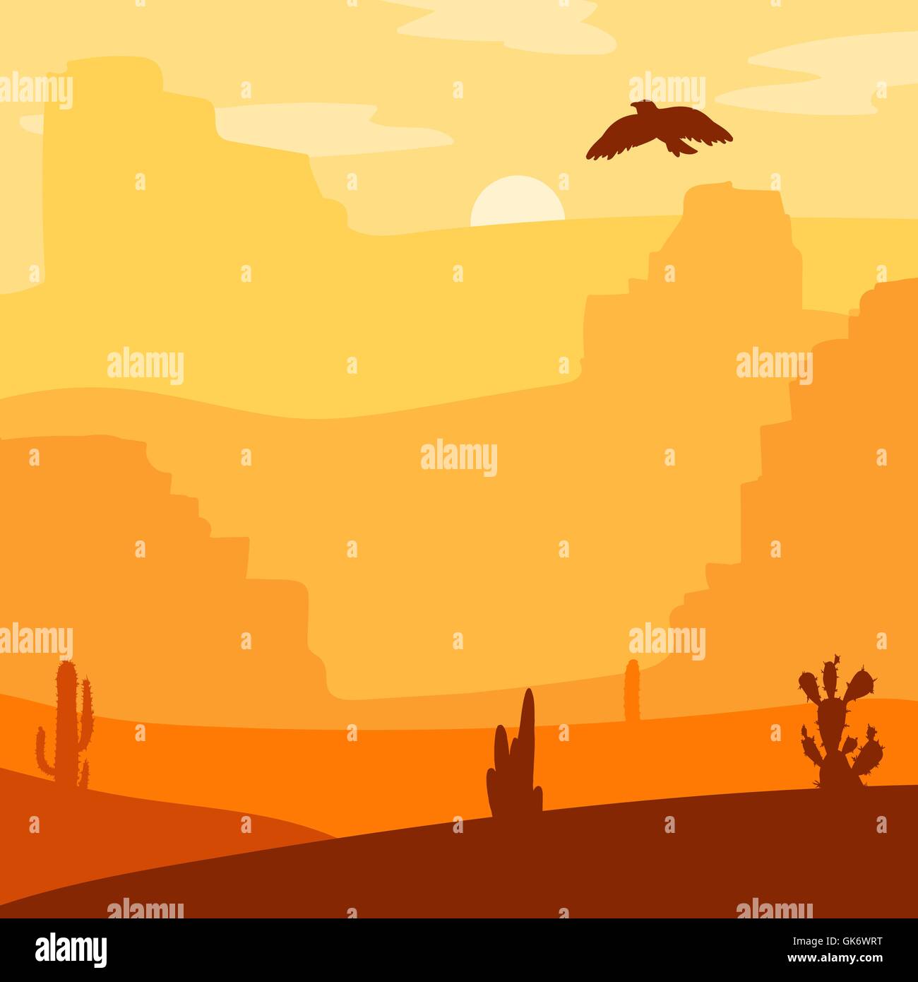 Retro Wild West Desert. Vintage sunset in prairie with cacti and eagle ...