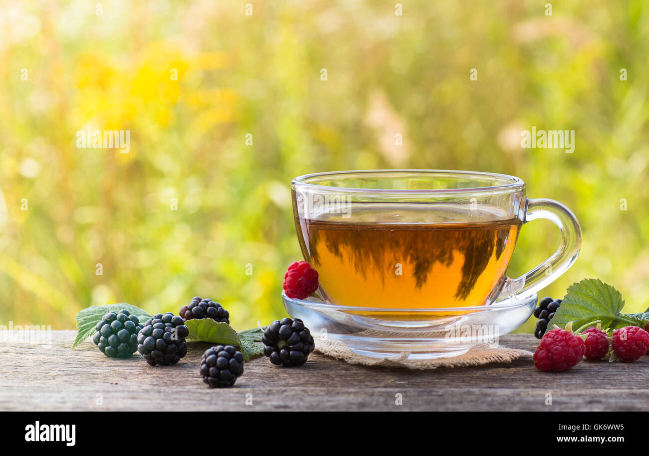 Cup of tea with raspberry and blackberry on meadow background Stock ...