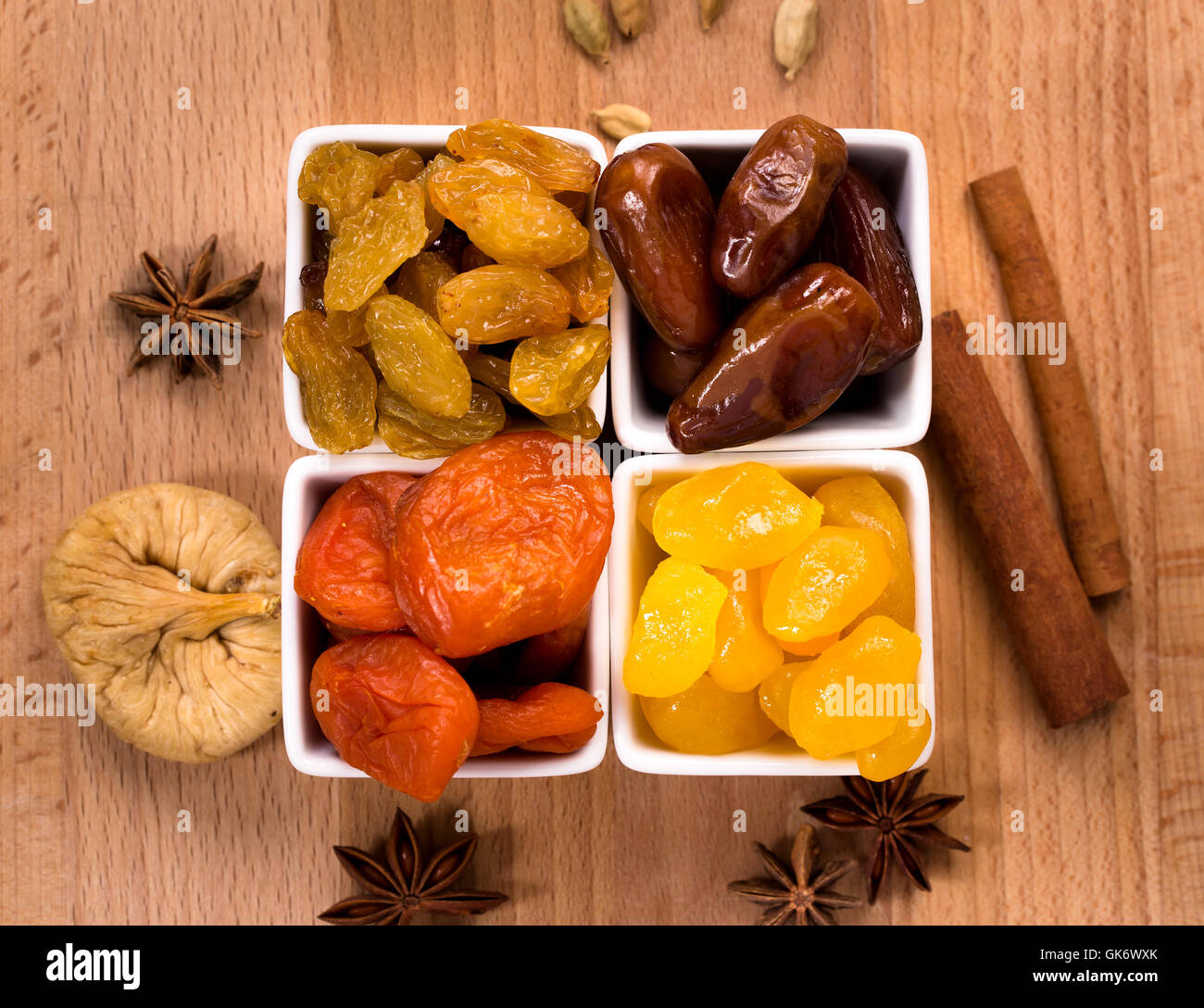 Dried fruits in a bowls top view Stock Photo - Alamy