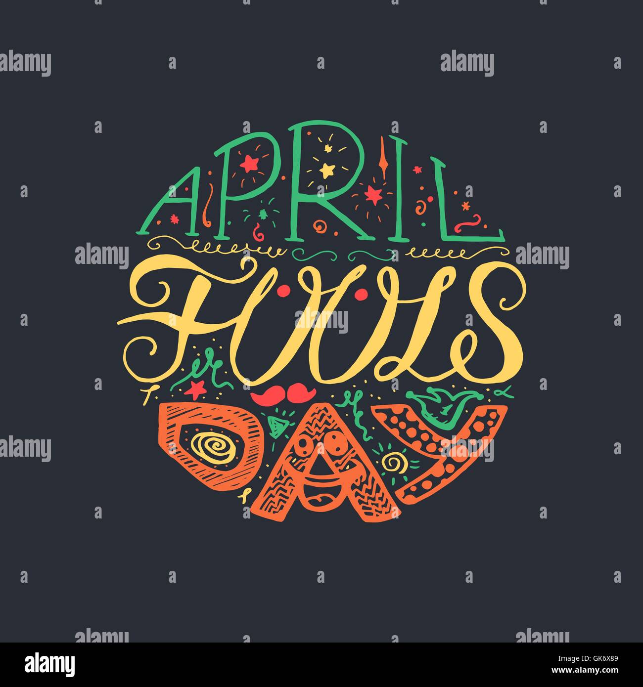 April Fools Day Hand Drawn Lettering with smile, jester hat and ...