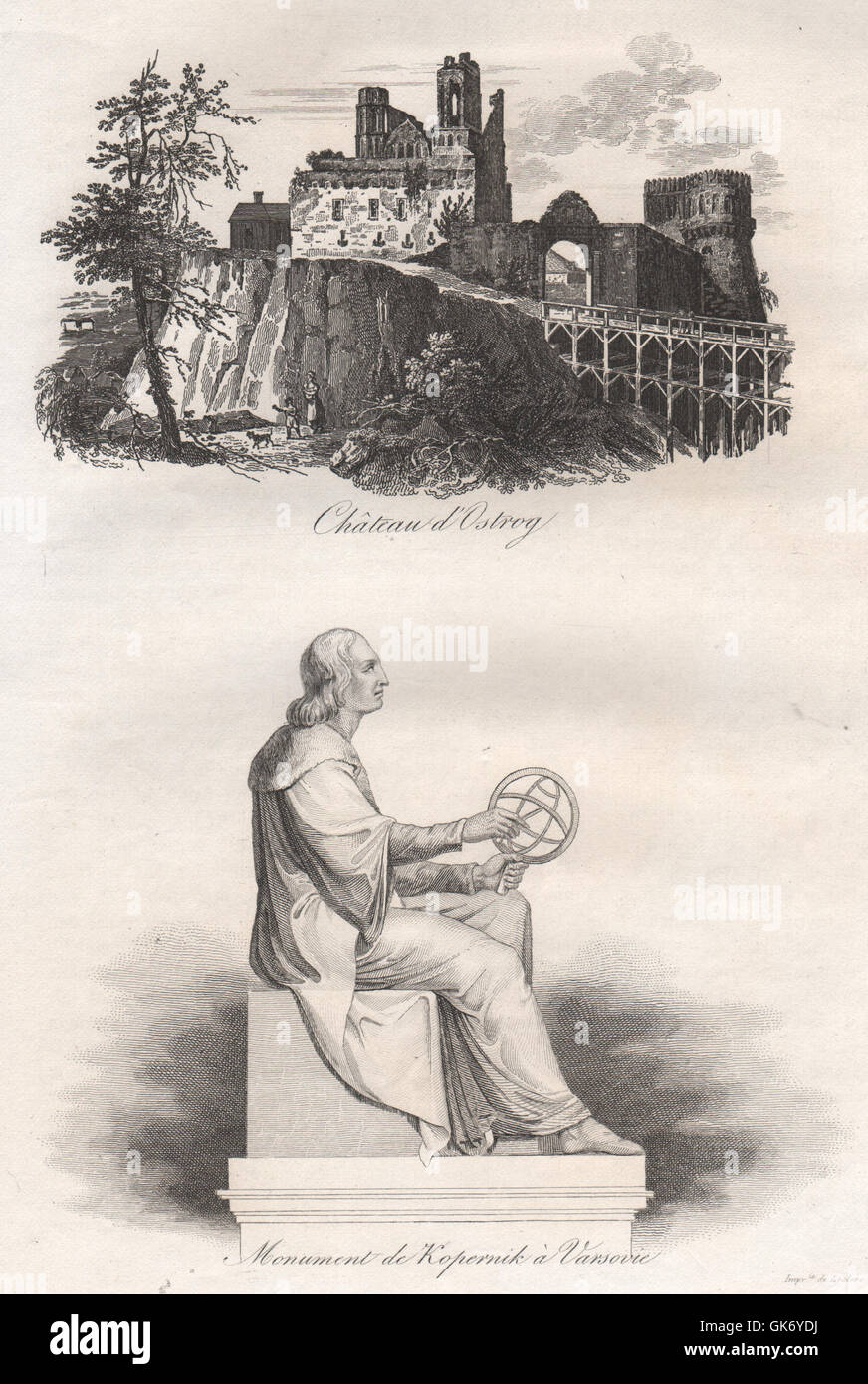Ostrog castle; Copernicus monument in Warsaw. Poland, antique print ...