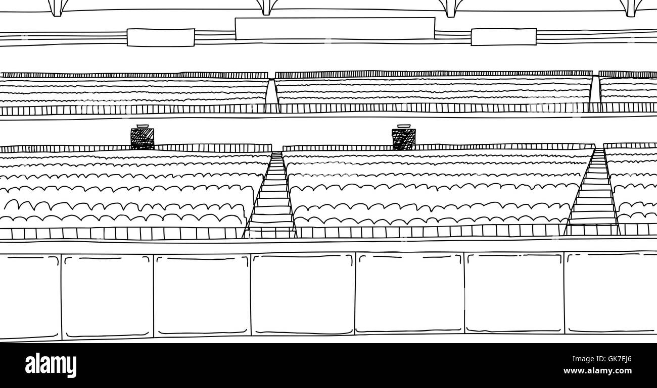 Large empty outline illustration of stadium with blank scoreboard signs ...